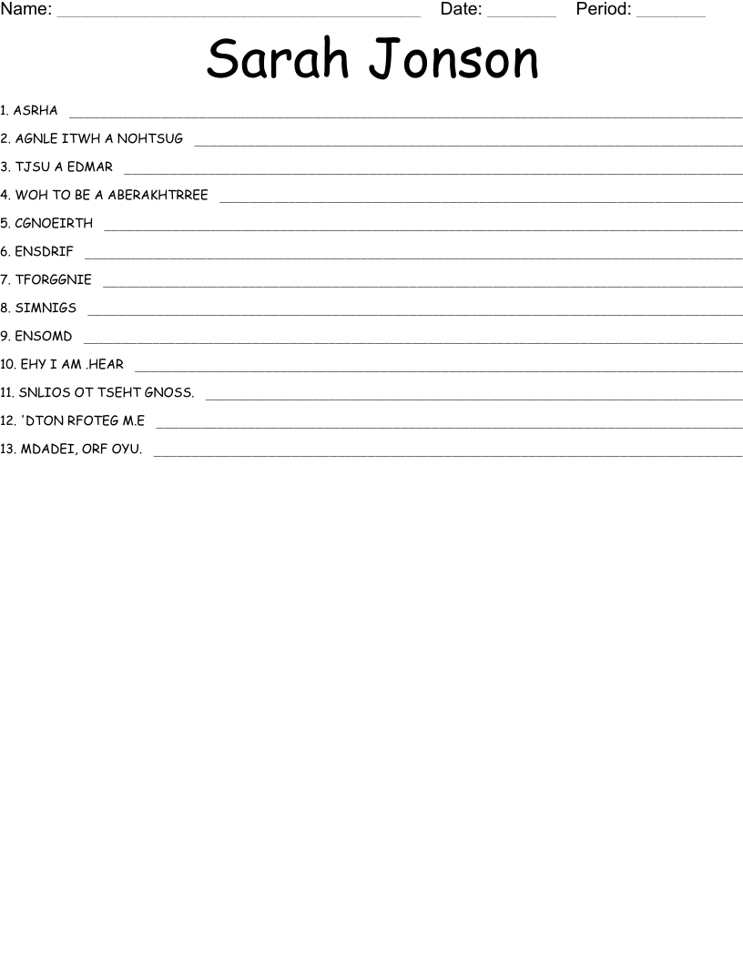 Sarah Jonson Word Scramble - WordMint