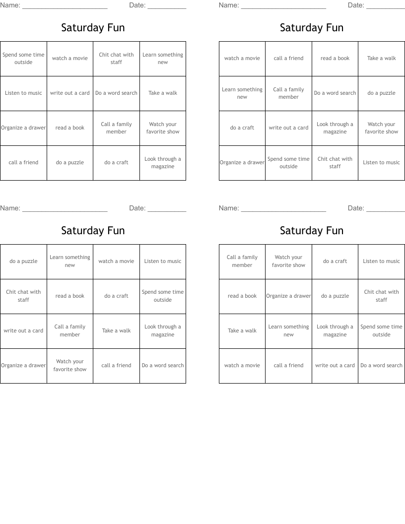 Saturday Fun Bingo Cards - WordMint
