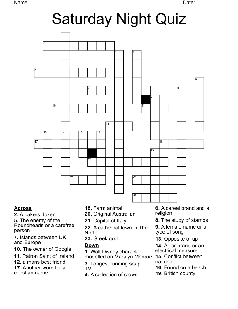Saturday Night Quiz Crossword - WordMint