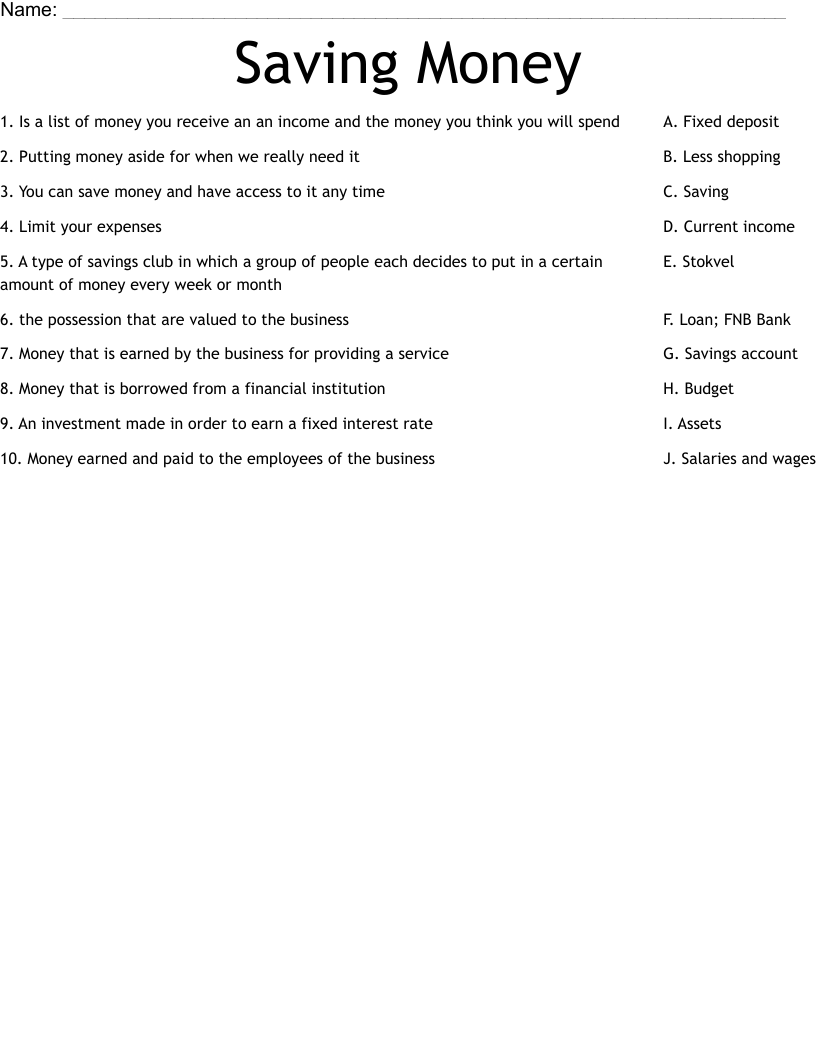 Saving Money Worksheet WordMint