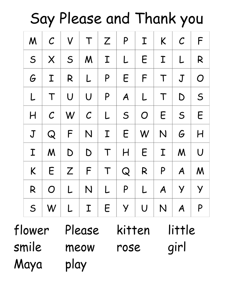 Say Please and Thank you Word Search - WordMint