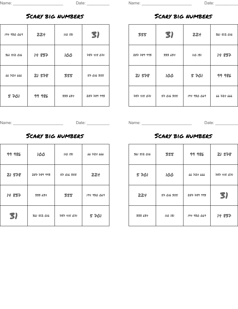 Scary Big Numbers Bingo Cards WordMint