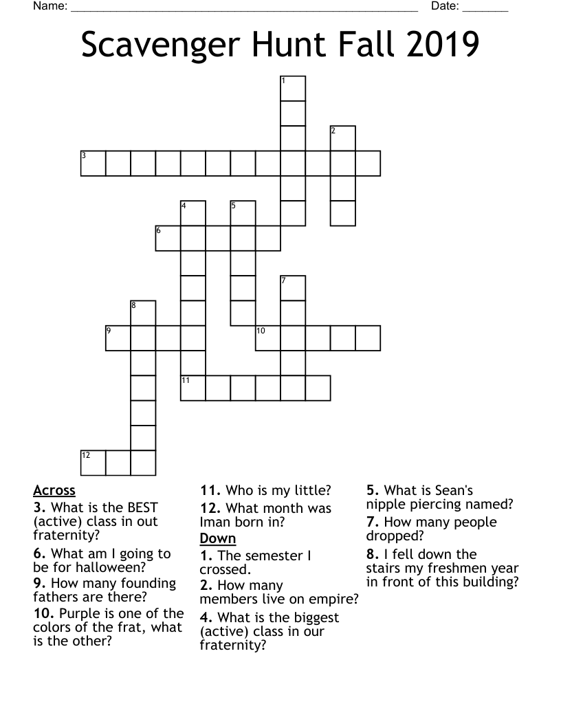 Scavenger Hunt Fall 2019 Crossword - WordMint