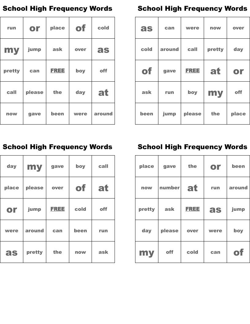 School High Frequency Words Bingo Cards - WordMint