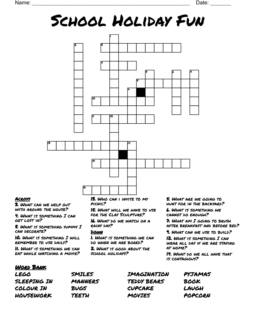 School Holiday Fun Crossword - WordMint