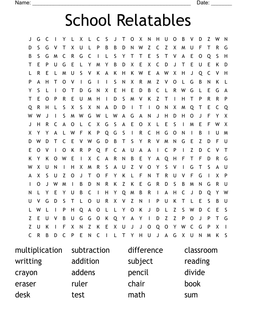 School Relatables Word Search - WordMint