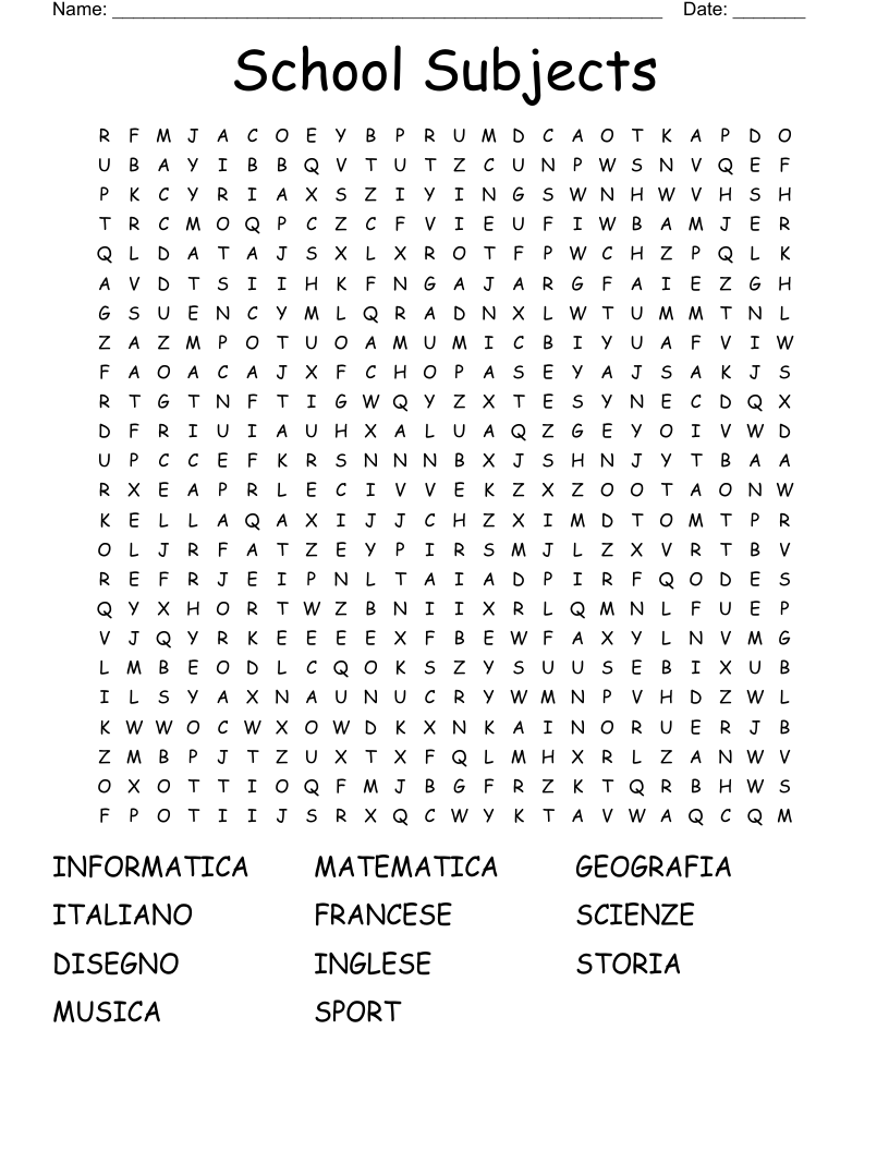 Italian Subjects Word Search WordMint