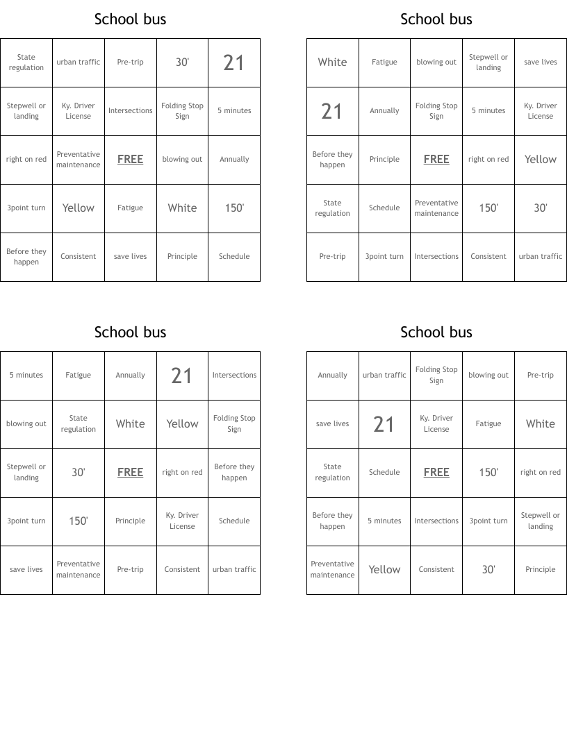 School bus Bingo Cards - WordMint