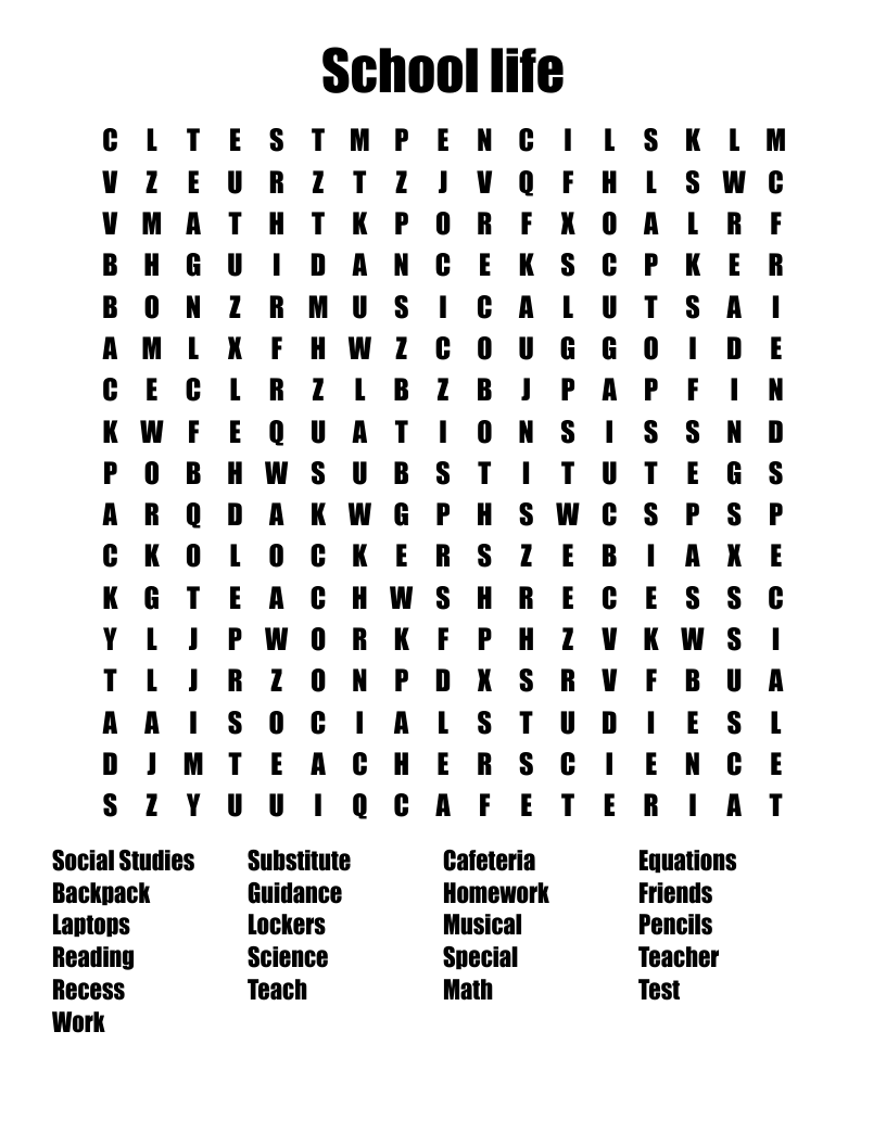 School Life Word Search WordMint