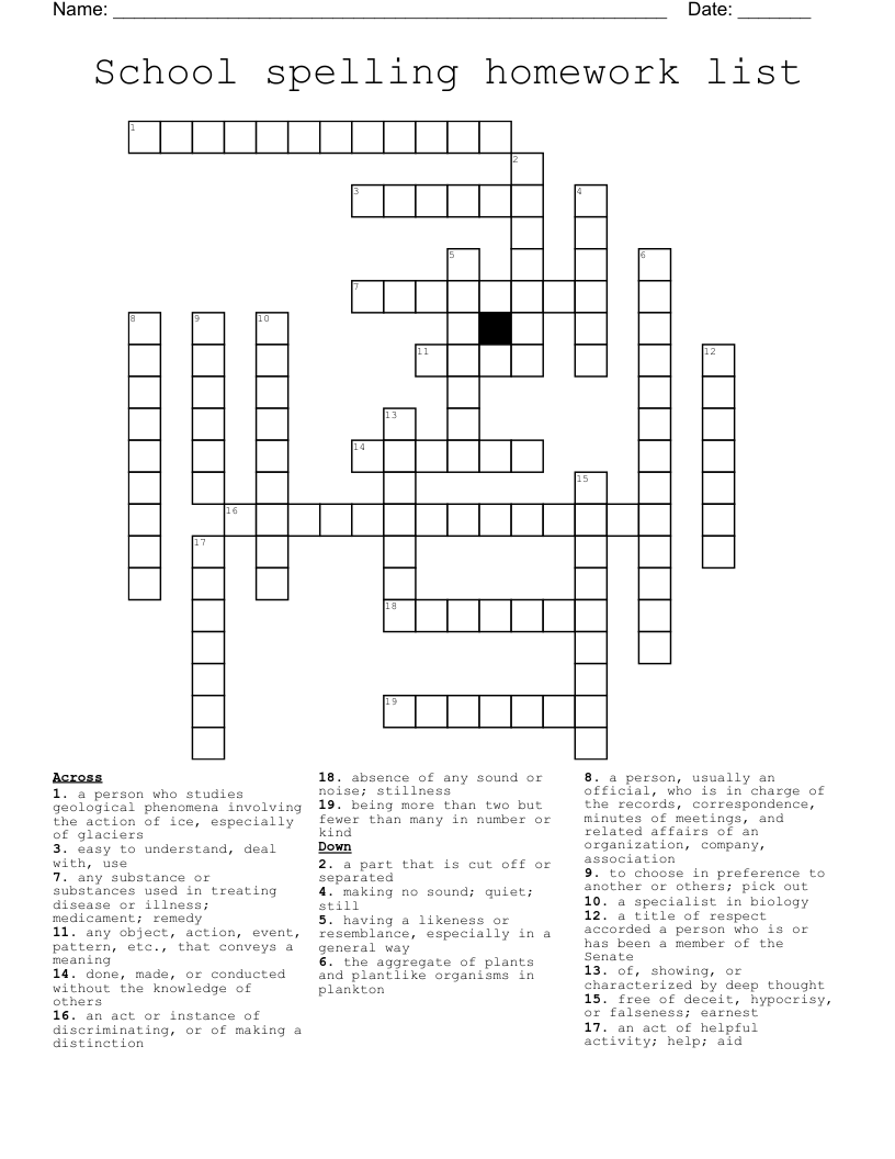 School spelling homework list Crossword - WordMint