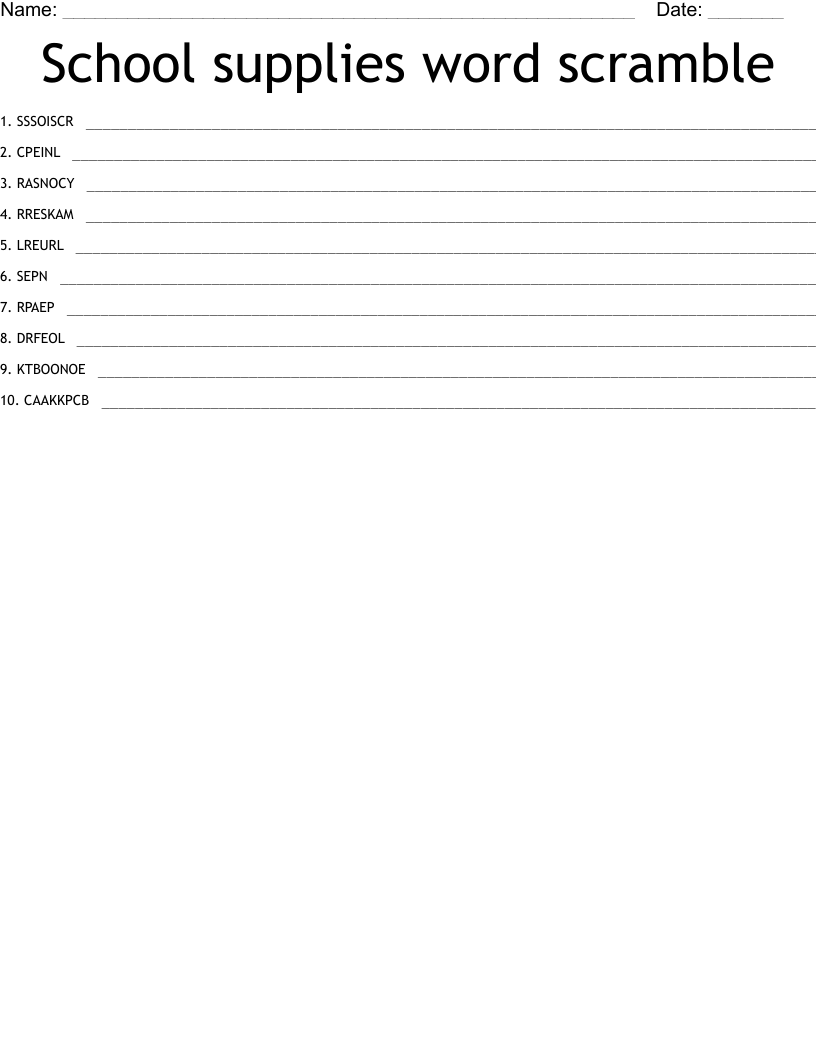School supplies word scramble - WordMint