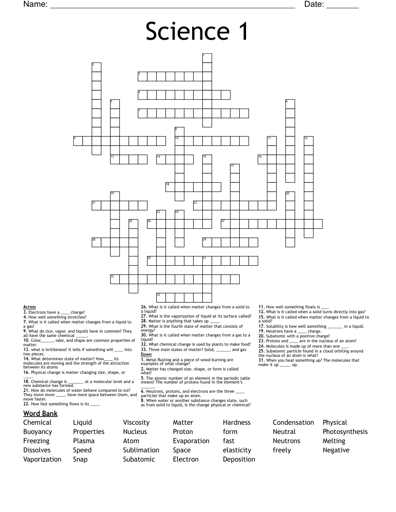 Science 1 Crossword - WordMint