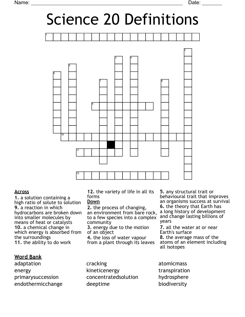 Science 20 Definitions Crossword - WordMint