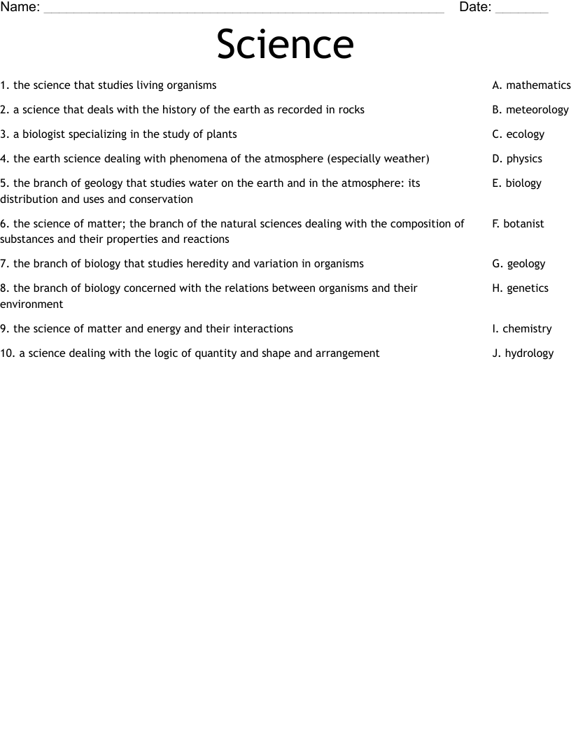 Science Worksheet WordMint