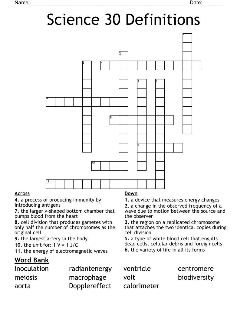 Science 30 Definitions Crossword - WordMint