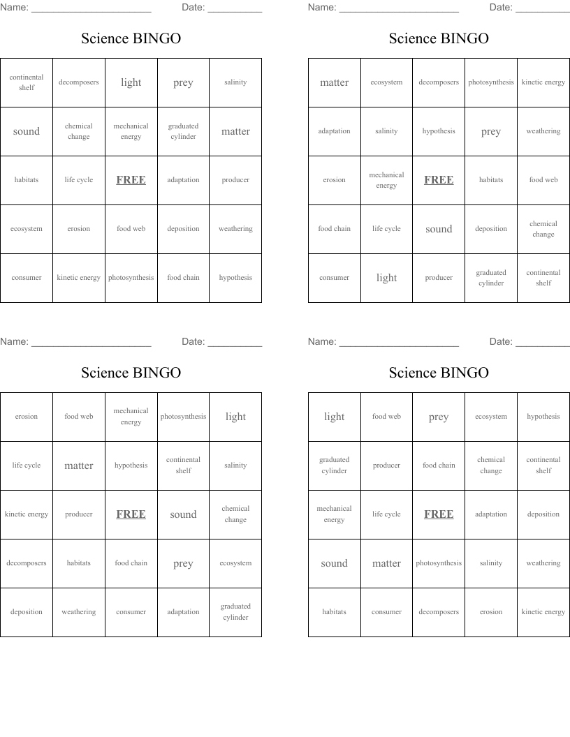 Science BINGO - WordMint
