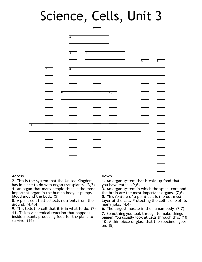 Science, Cells, Unit 3 Crossword - WordMint