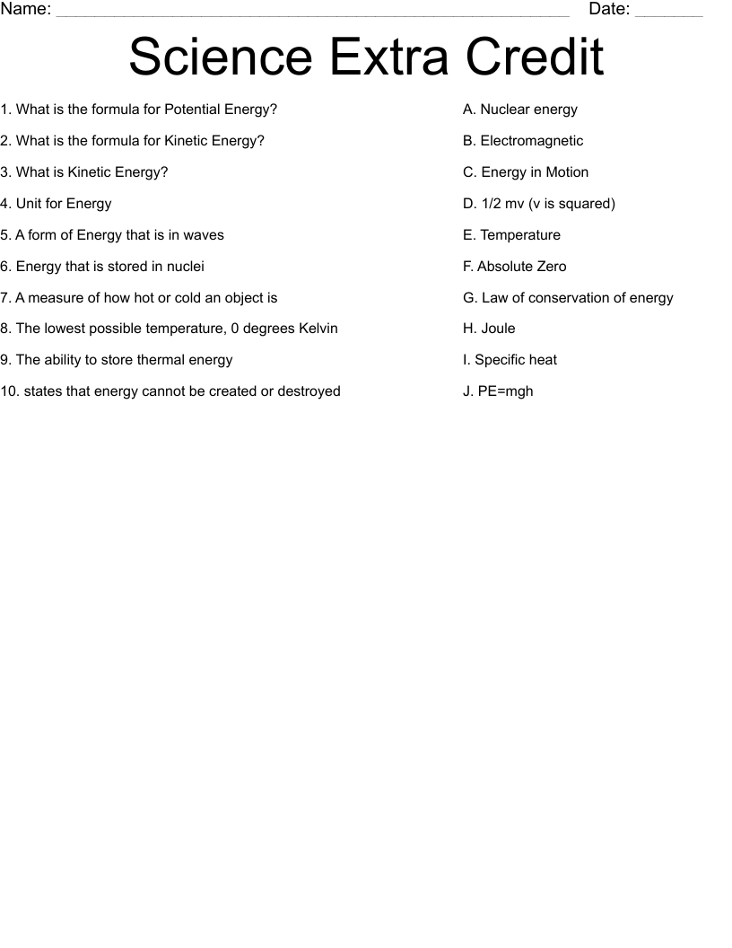 Science Extra Credit Worksheet - WordMint