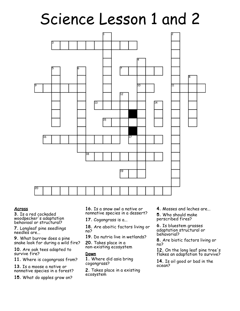 Science Lesson 1 and 2 Crossword - WordMint
