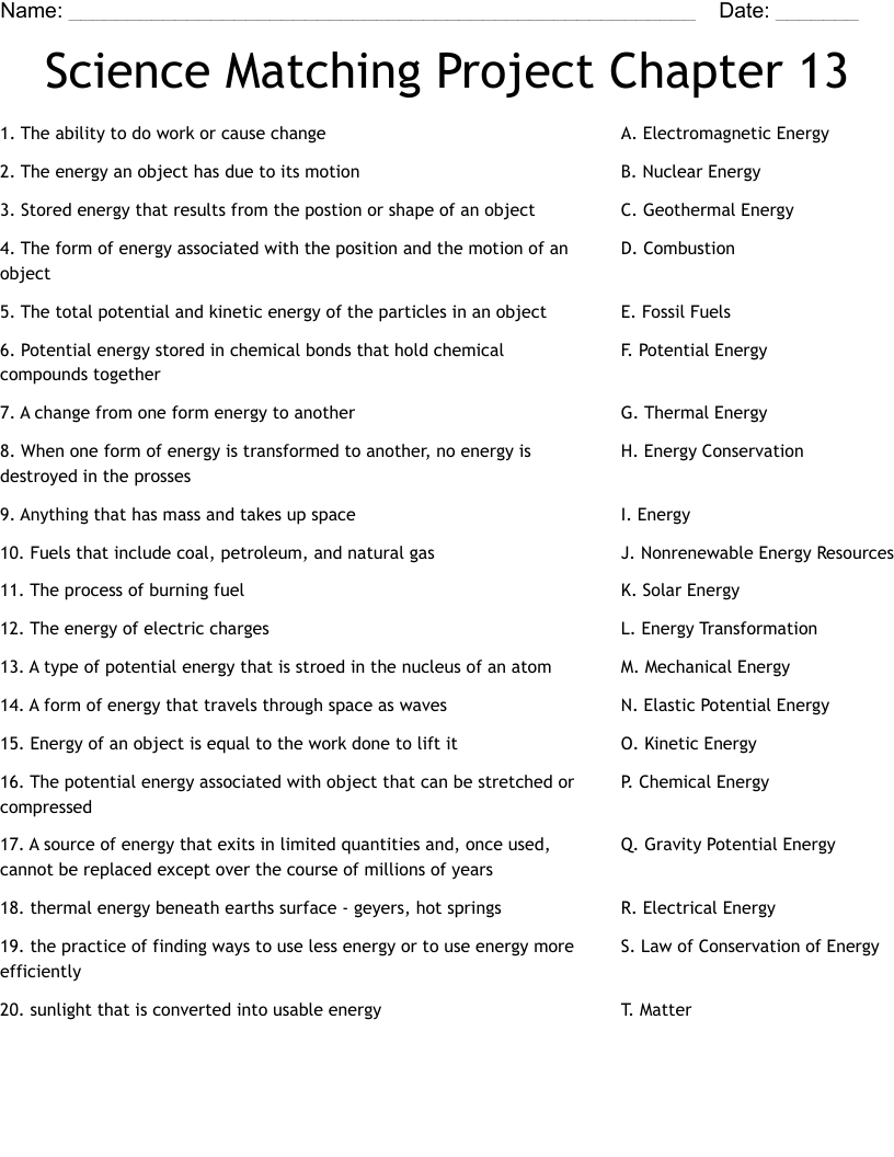 Science Matching Project Chapter 13 Worksheet WordMint