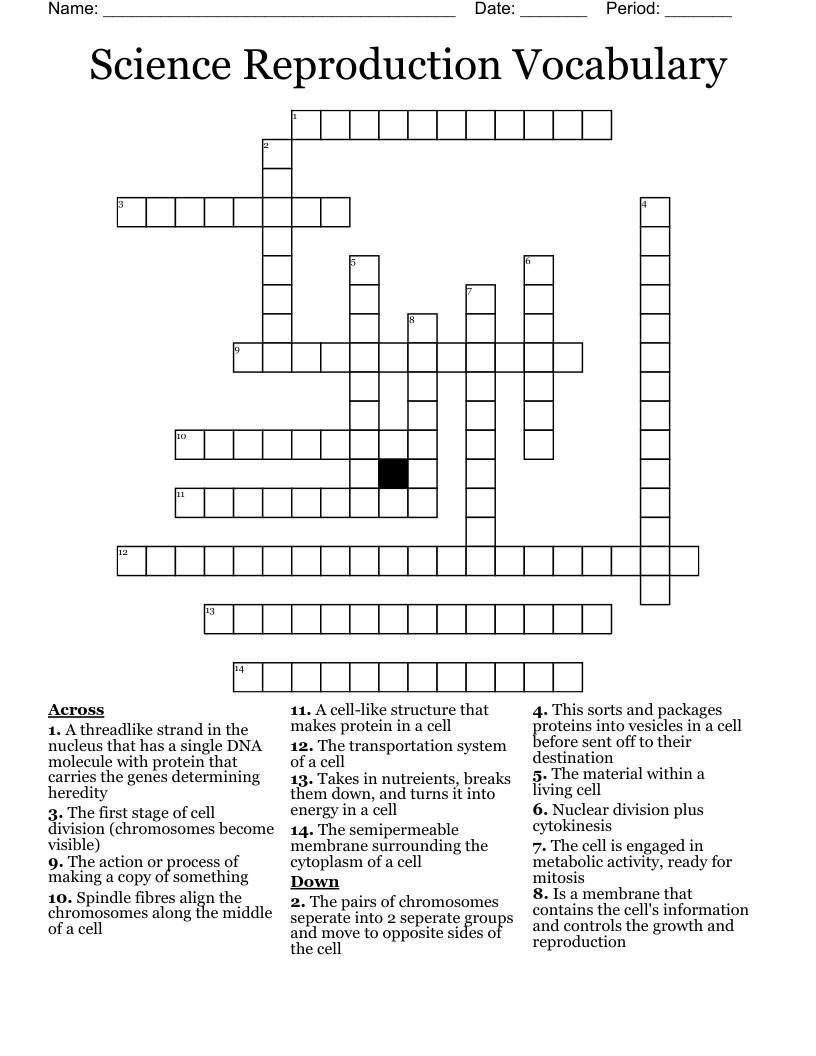 Science Reproduction Vocabulary Crossword - WordMint