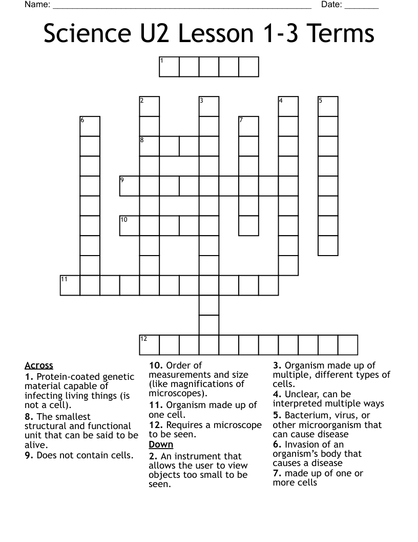 Science U2 Lesson 1-3 Terms Crossword - WordMint