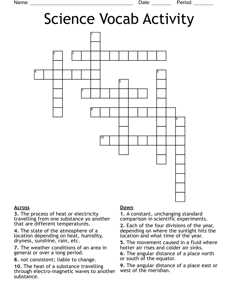 Science Vocab Activity Crossword - WordMint
