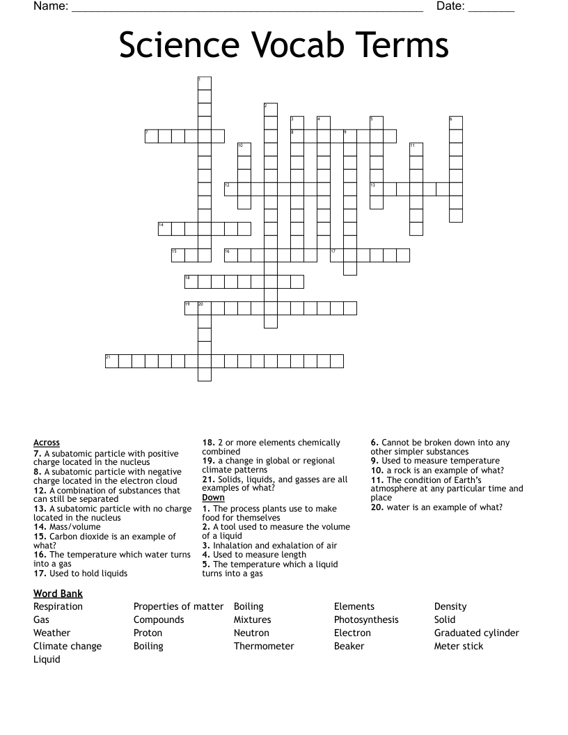 Science Vocab Terms Crossword - WordMint
