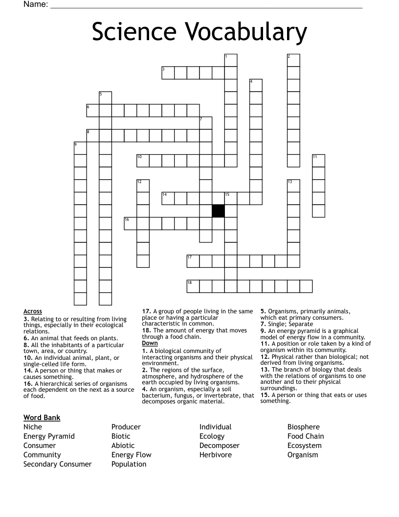 Science Vocabulary Crossword - WordMint