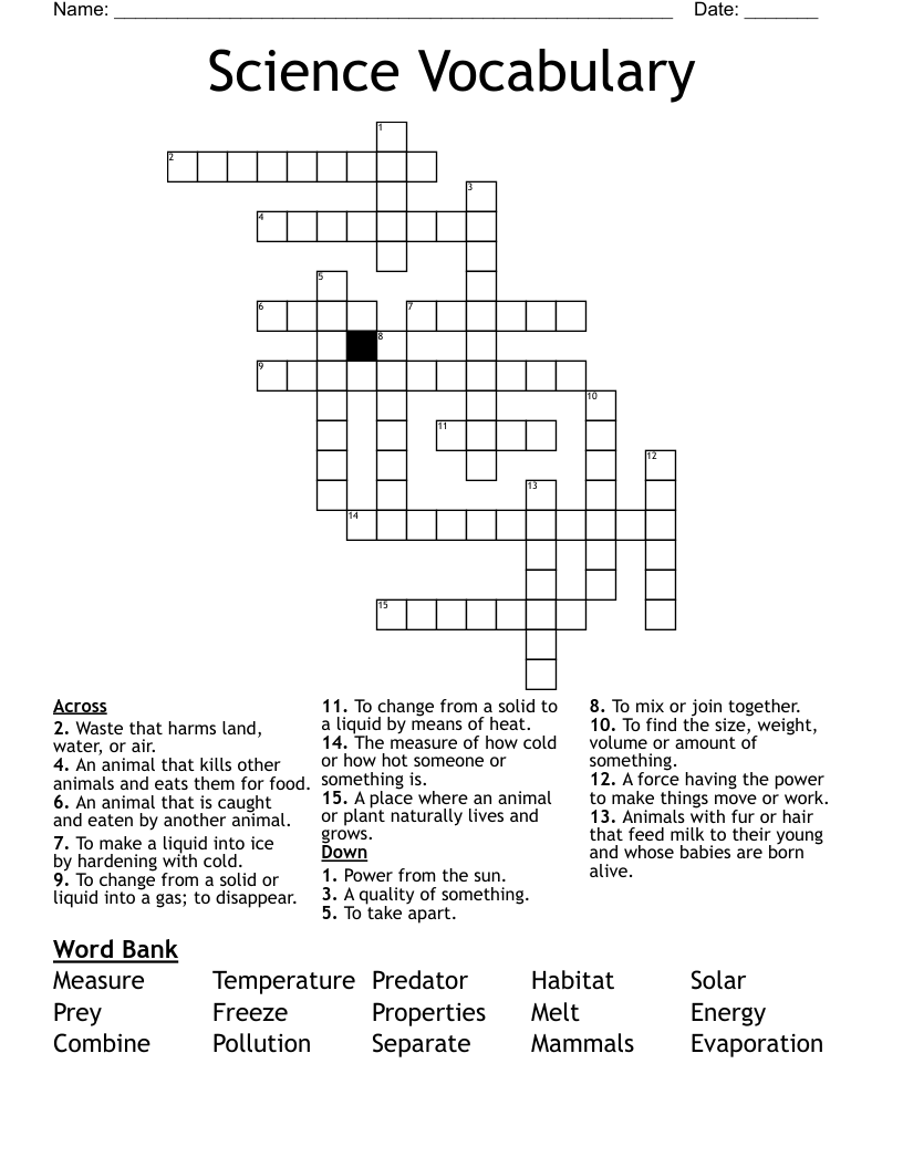 Science Vocabulary Crossword - WordMint
