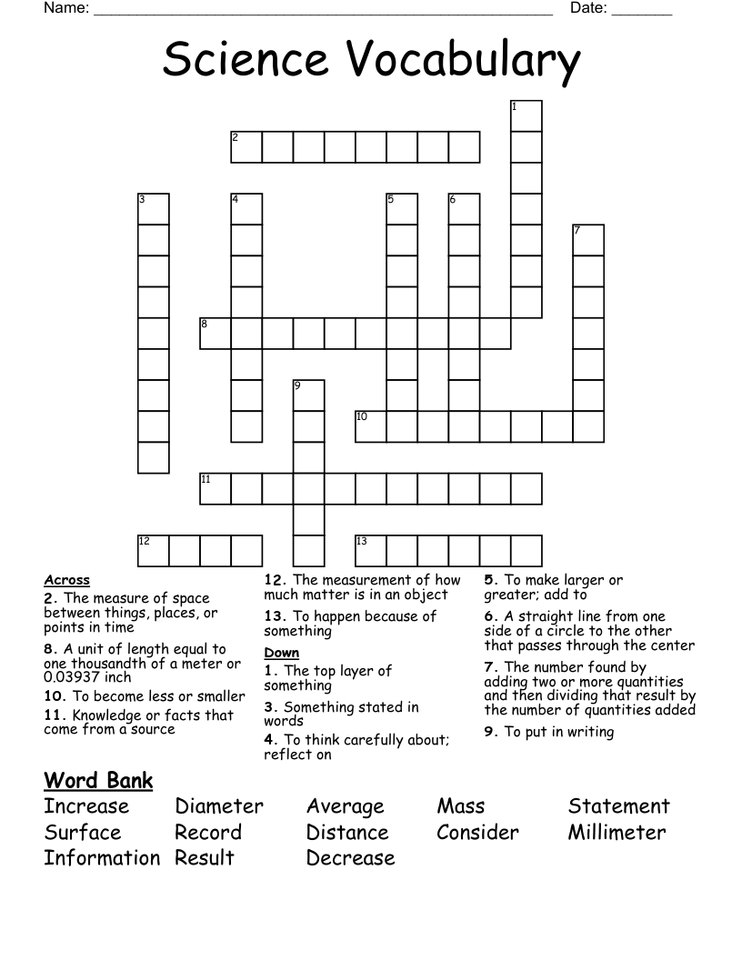 Science Vocabulary Crossword - WordMint