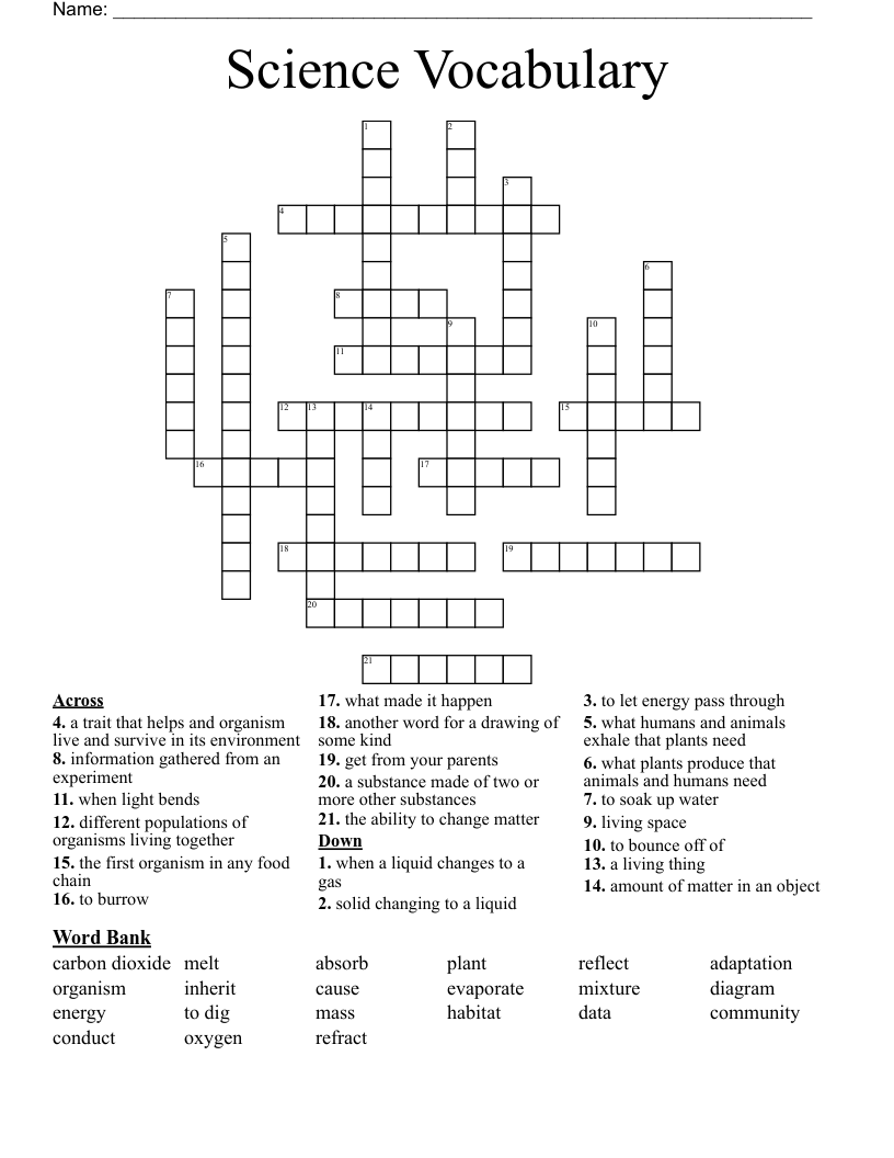 Science Vocabulary Crossword - WordMint