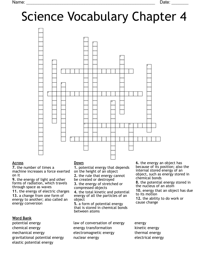 Science Vocabulary Chapter 4 Crossword - WordMint