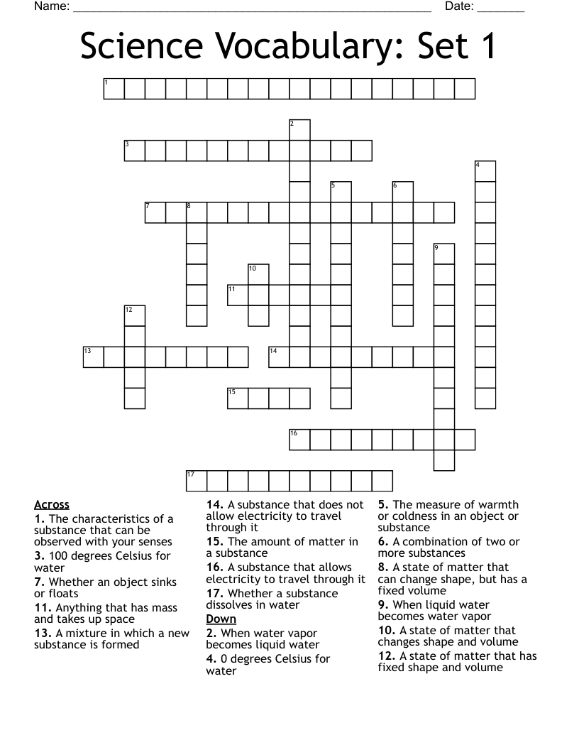 Science Vocabulary: Set 1 Crossword - WordMint