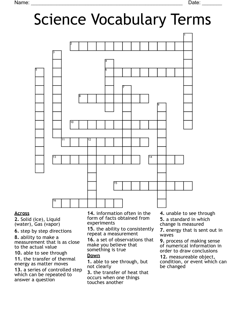 Science Vocabulary Terms Crossword - WordMint