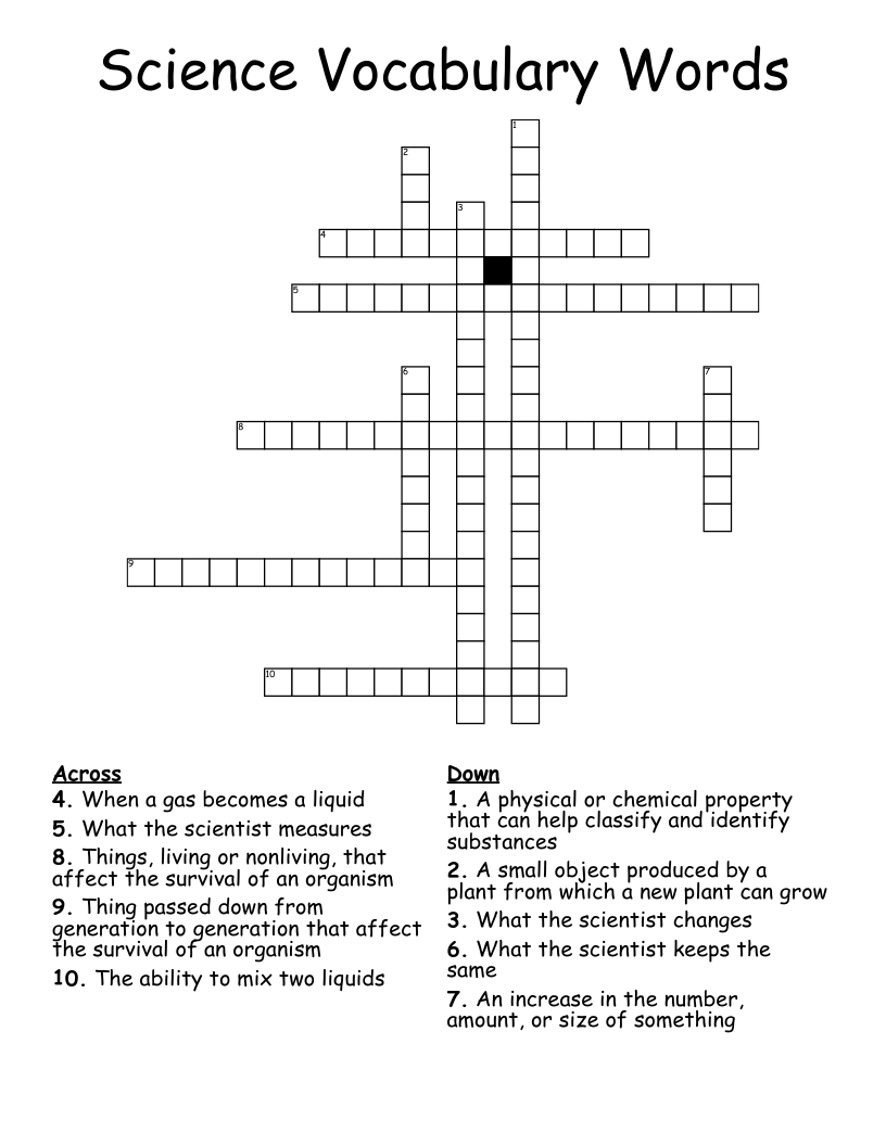Science Vocabulary Words Crossword - WordMint