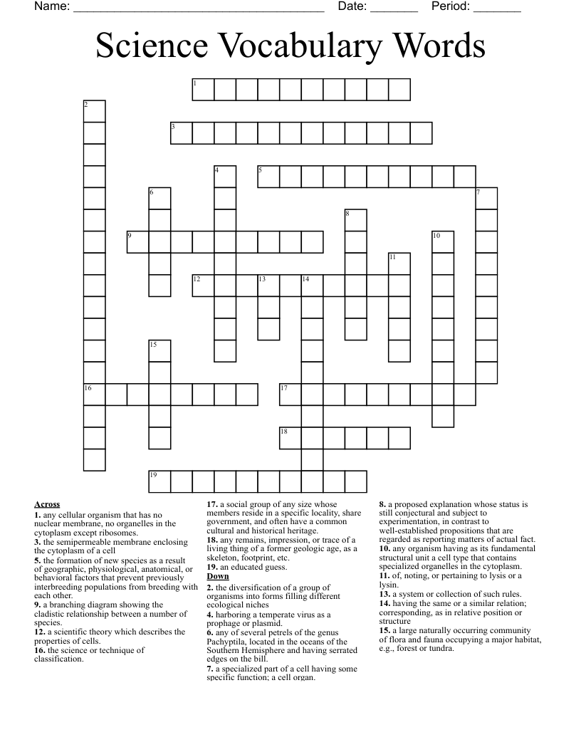 Science Vocabulary Words Crossword - WordMint