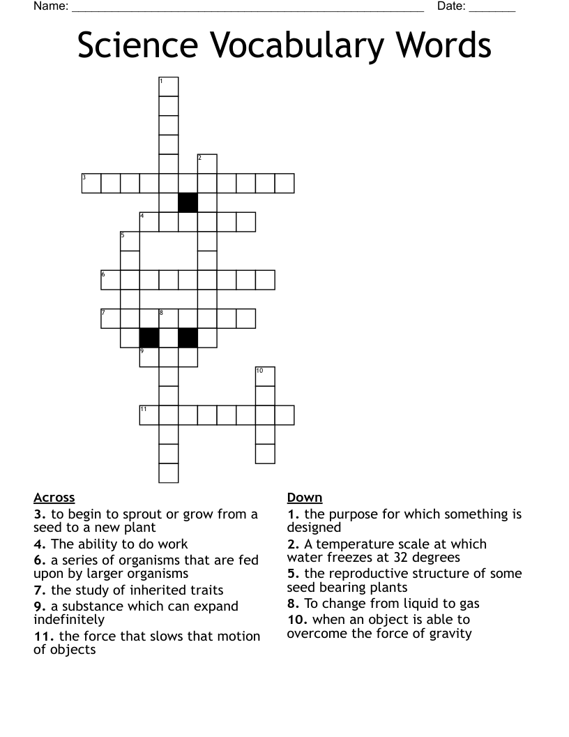Science Vocabulary Words Crossword - WordMint