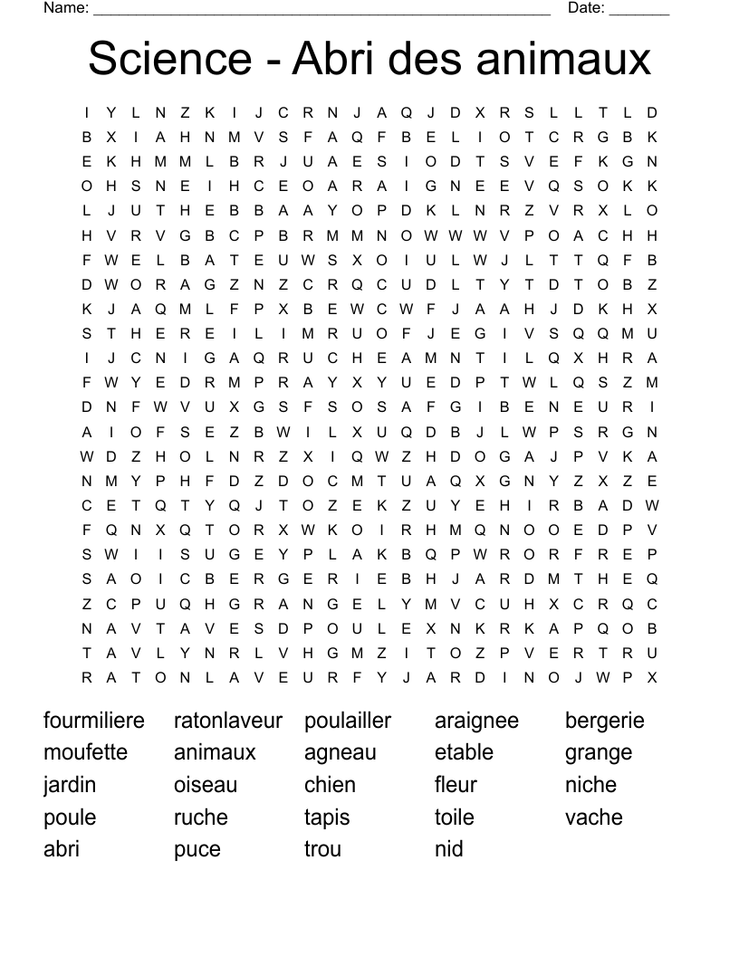 Science - Abri des animaux Word Search - WordMint