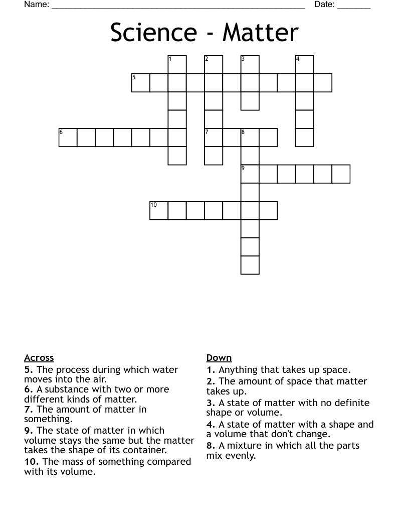 Science - Matter Crossword - WordMint