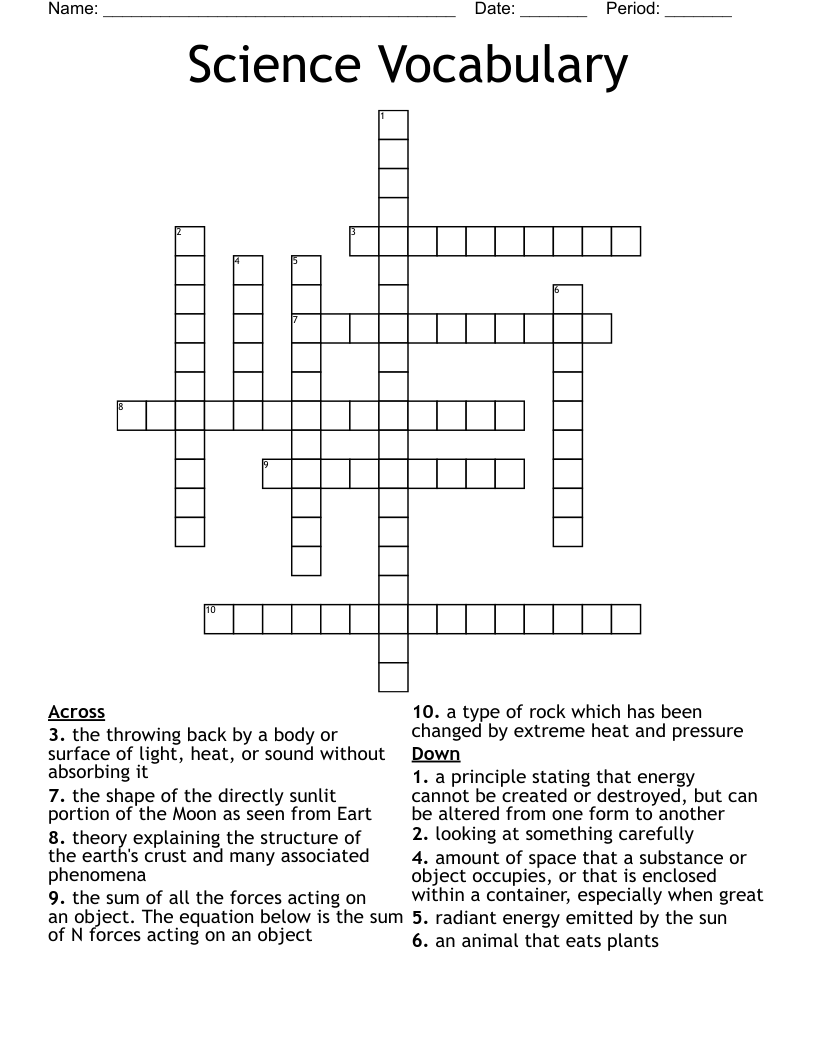 Science Vocabulary Crossword - WordMint