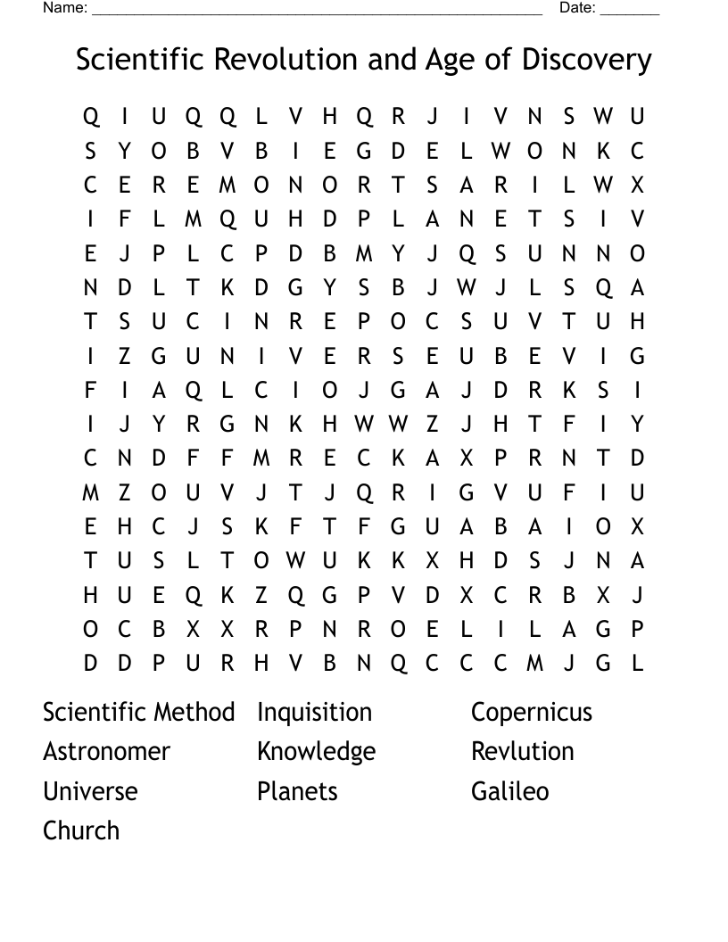 Scientific Revolution and Age of Discovery Word Search - WordMint