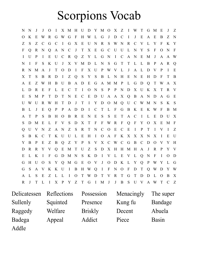 Scorpions Vocab Word Search - WordMint
