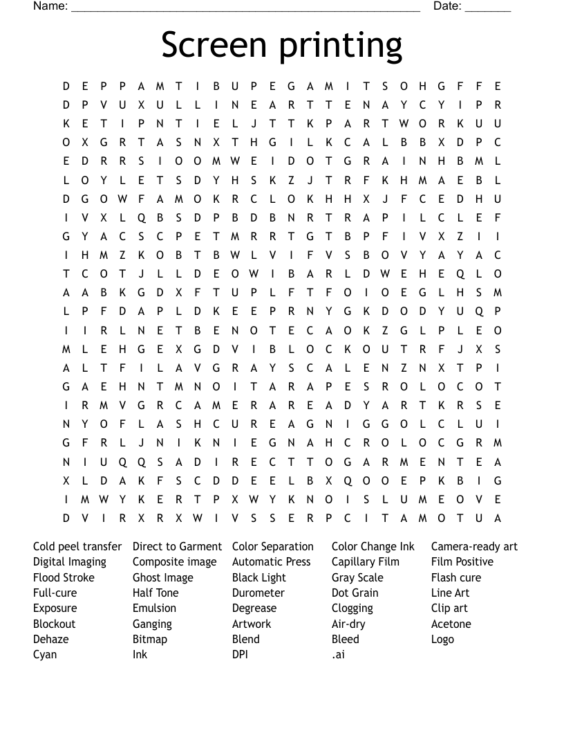 Screen Printing Word Search WordMint