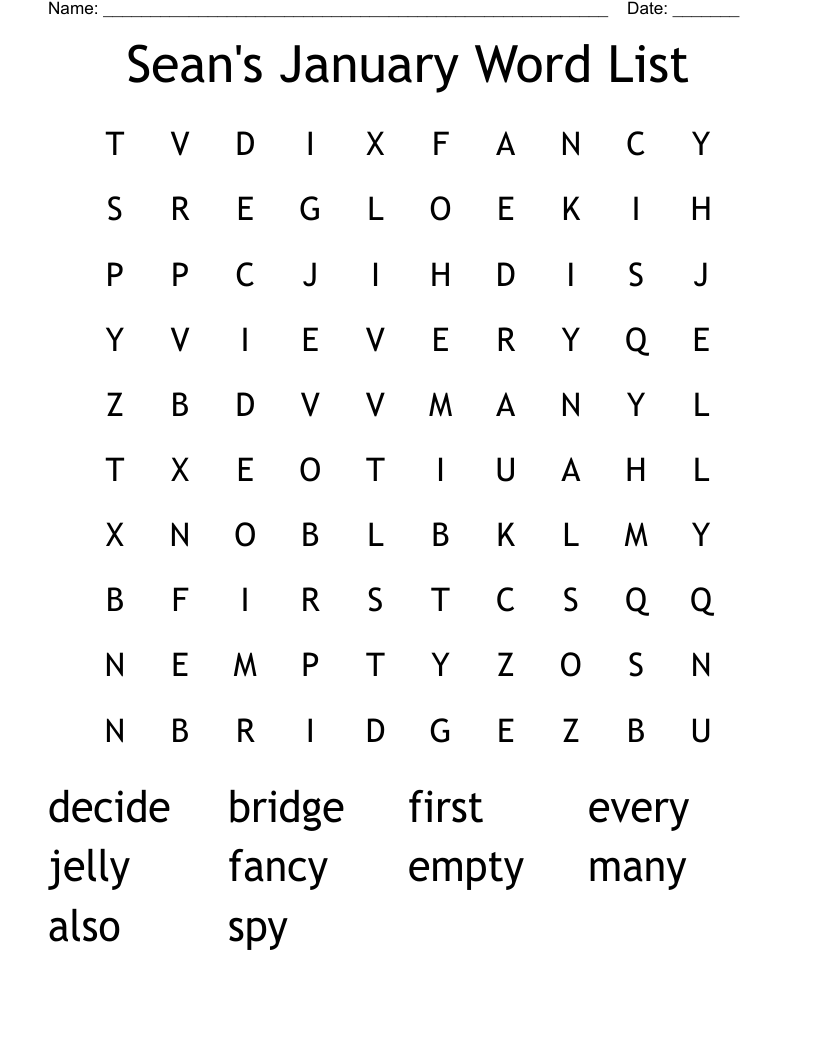 Sean's January Word List Word Search - WordMint