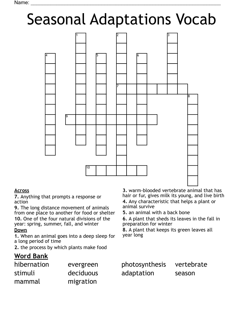 Seasonal Adaptations Vocab Crossword - WordMint