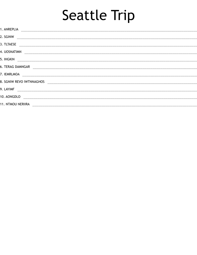 Seattle Trip Word Scramble - WordMint