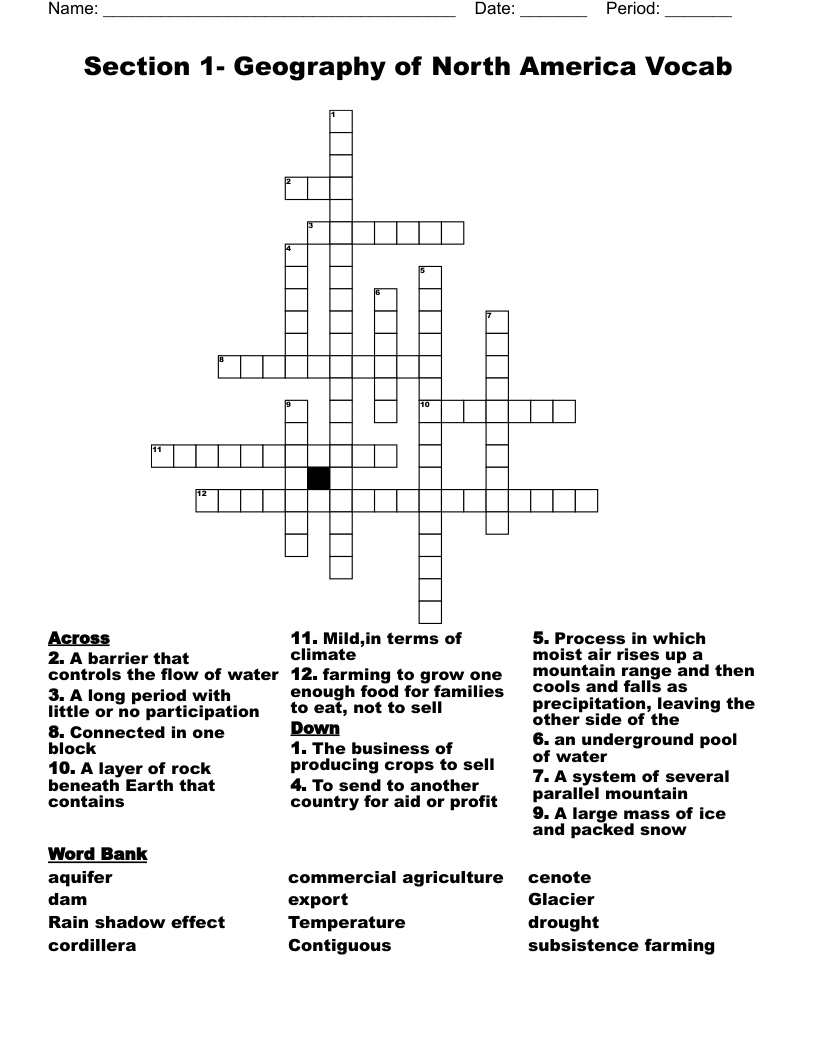 Section 1- Geography of North America Vocab Crossword - WordMint