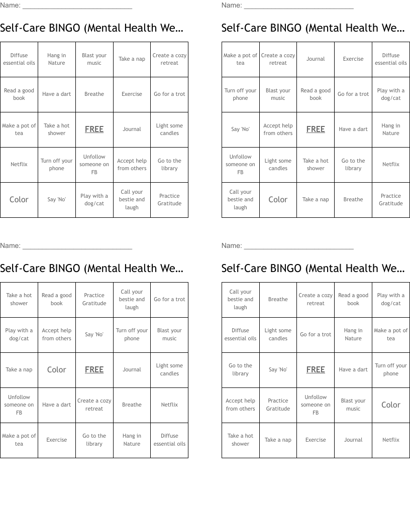 Self-Care BINGO (Mental Health Week 2019) - WordMint