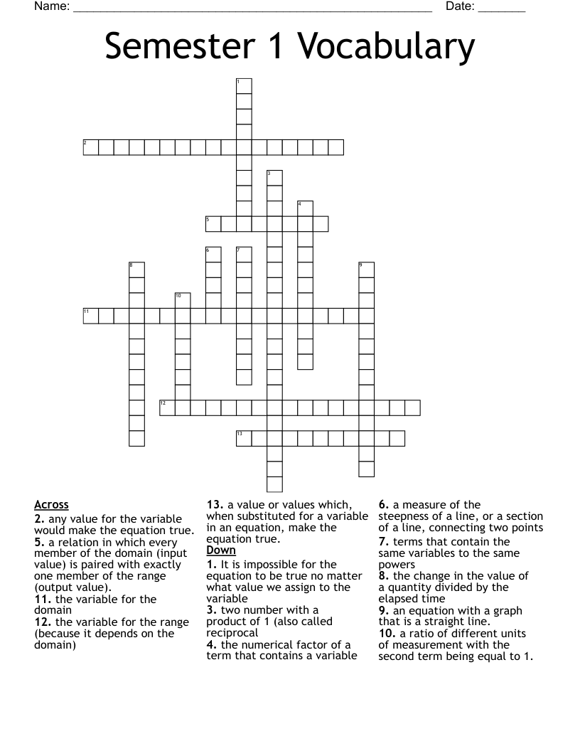 Semester 1 Vocabulary Crossword - WordMint